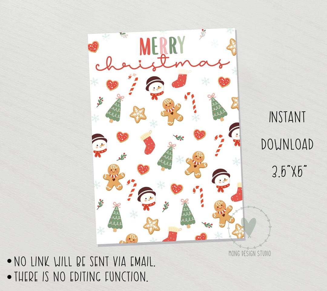 Merry Christmas Printable Mini Cookie Card - 3.5" X 5"/ Christmas ...