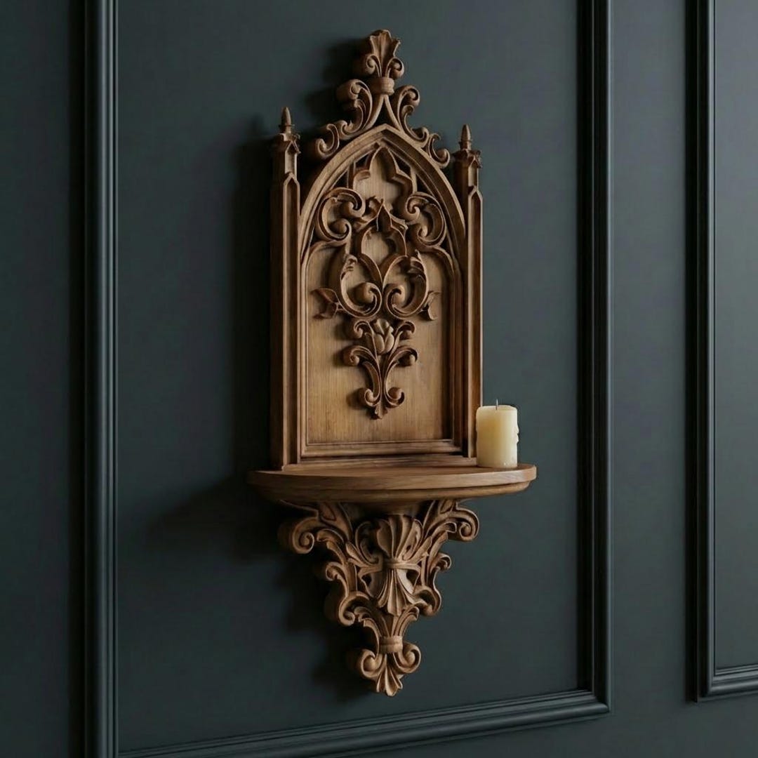 Wood Carved Gothic Wall Niche Shelf, Wooden Cathedral Arch Décor, Wood ...