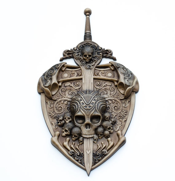 Shield With Skulls Wood Carving丨wooden Skull With Sword Wall - Etsy