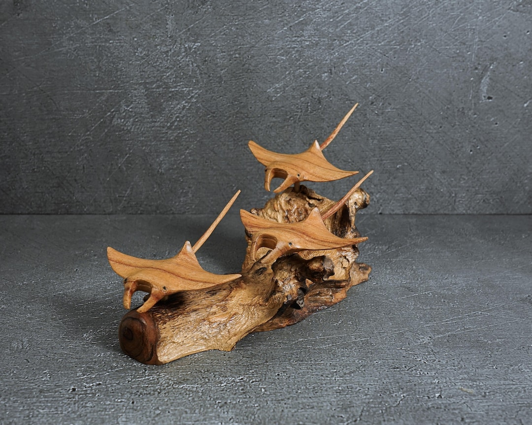 Wooden Manta Ray Statue 11" Width, Hand Carved, Sculpture, Tropical ...