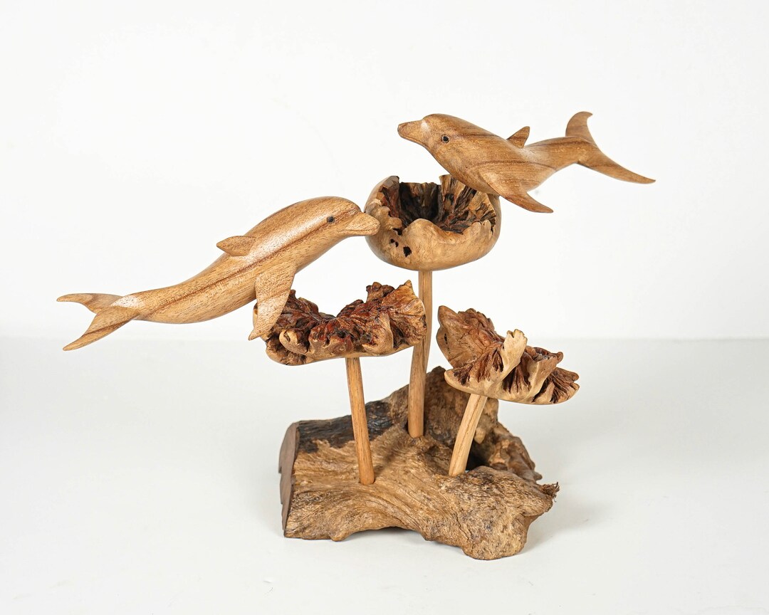 Wooden Dolphin Sculpture 12 Width, Dolphin Sculpture, Burl Wood, Ocean ...