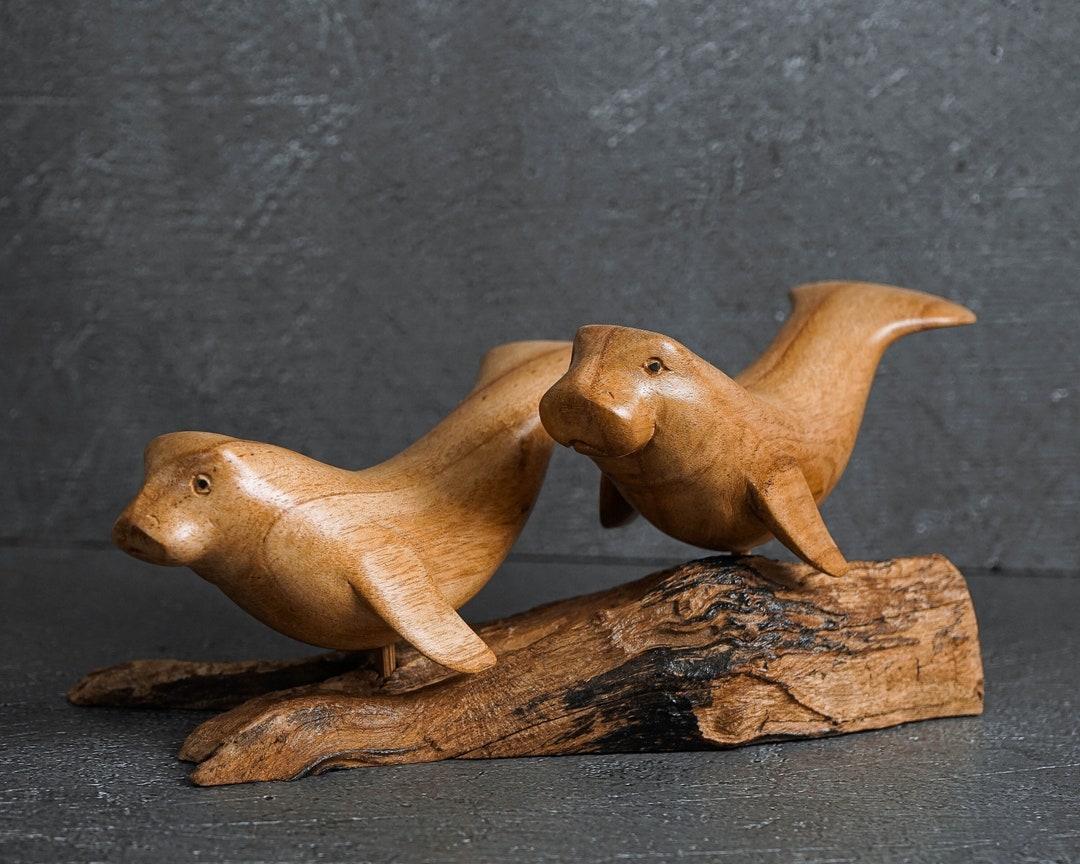 Wooden Couple Manatee Sculpture 9.4" Width, Hand Carved, Artwork ...