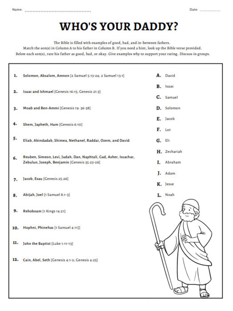 Bible Game Printable Who's Your Daddy Worksheet Instant File Download ...