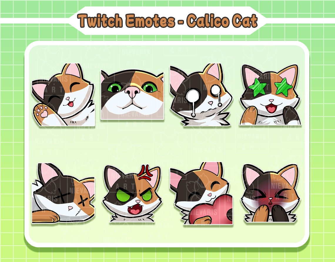Twitch Emote / Cute Calico Cat Emotes Pack hello, Curious, Cry, Hype ...