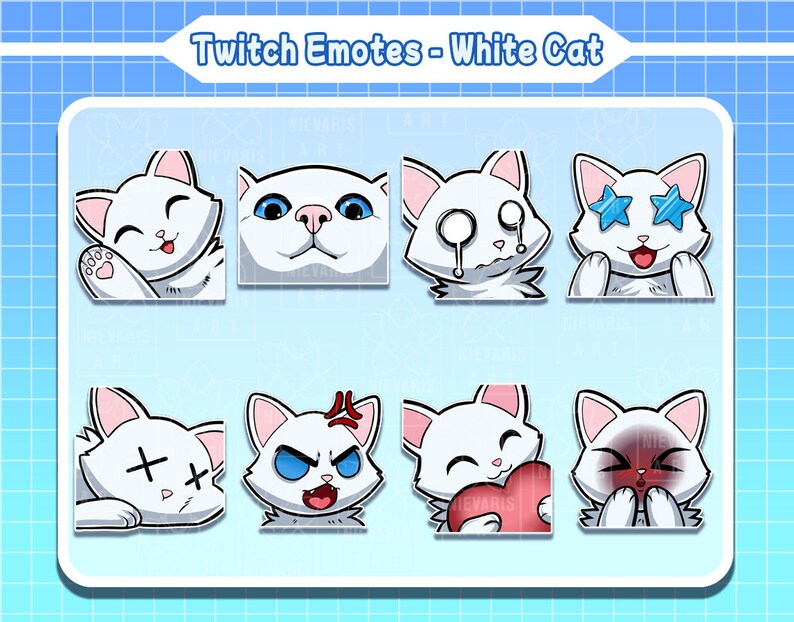 Twitch Emote / Cute White Cat Emotes Pack (hello, Curious, Cry, Hype ...
