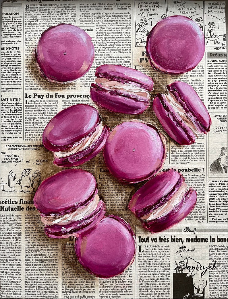 Macarons Painting Newspaper Art Original Oil Painting Sweets Wall Art ...