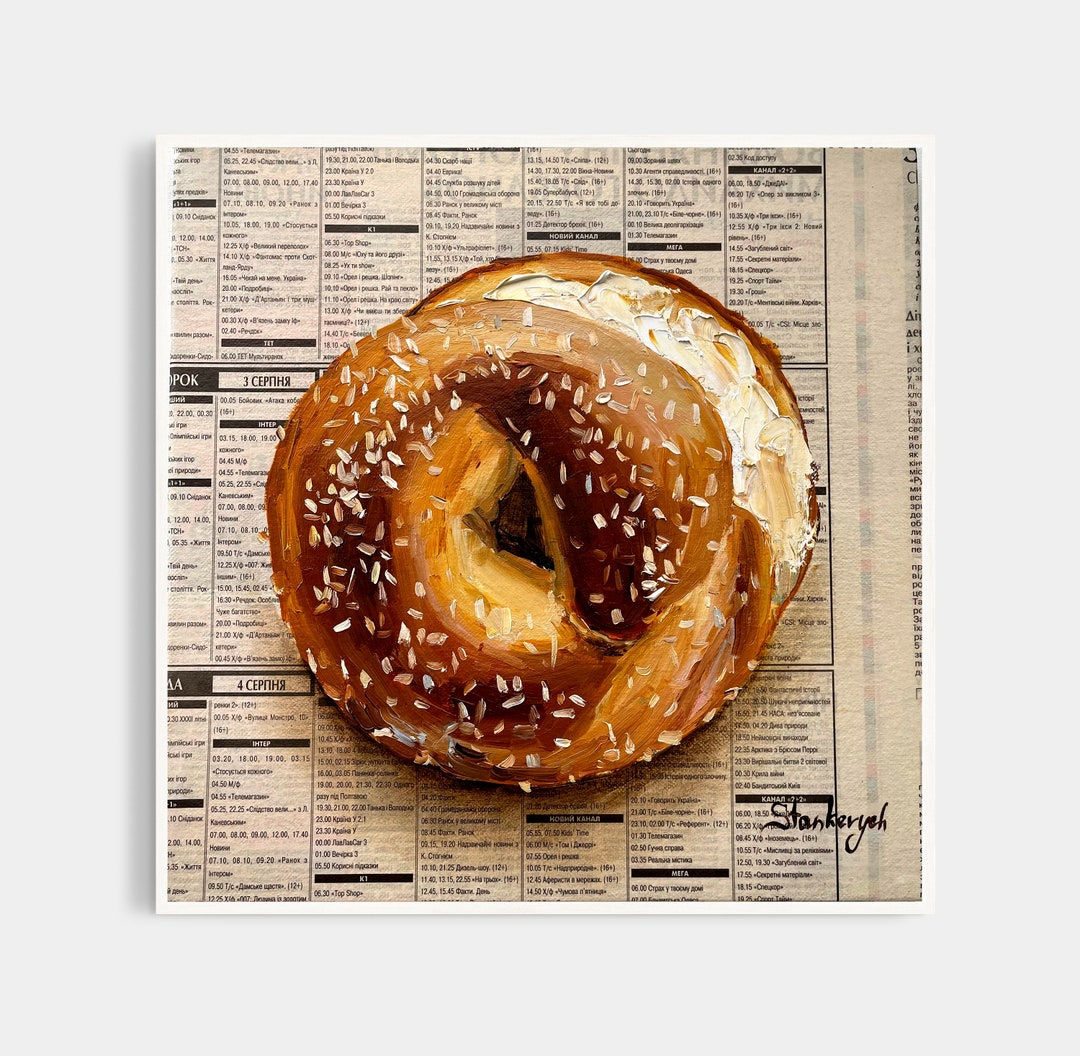 Bagel Painting Food Painting Newspaper Art Breakfast Painting Bread ...
