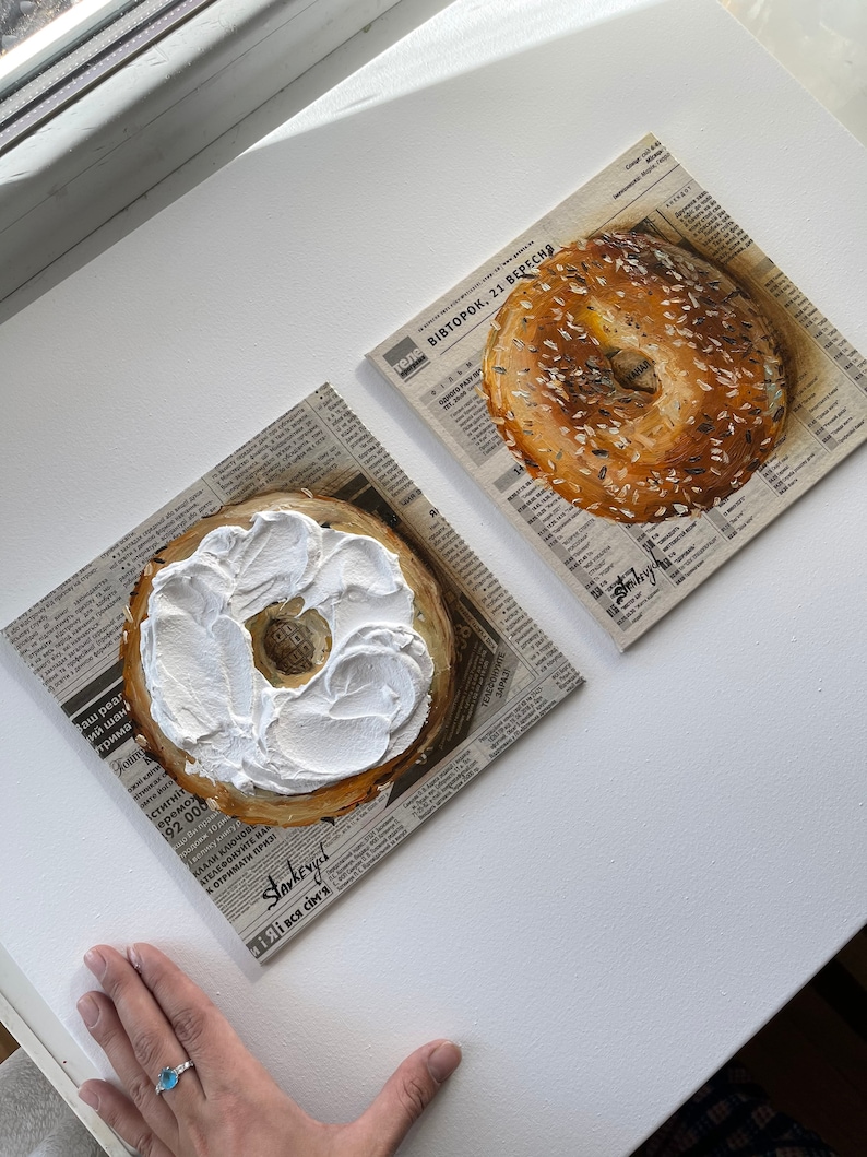 Bagel Painting Impasto Painting Food Painting Newspaper Art Breakfast ...