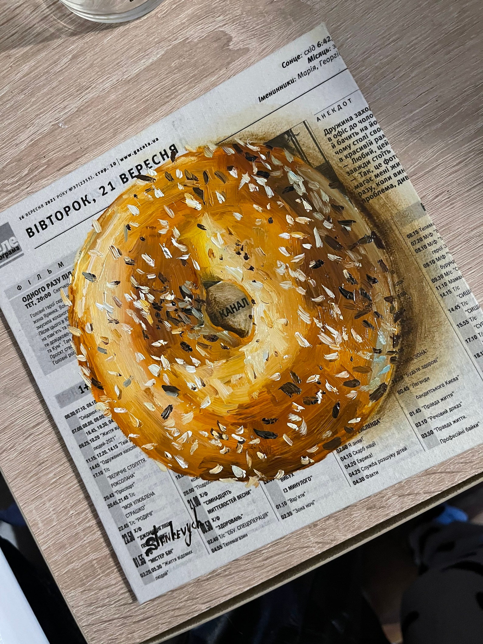 Bagel Painting Food Painting Original Oil Paining Newspaper Art ...