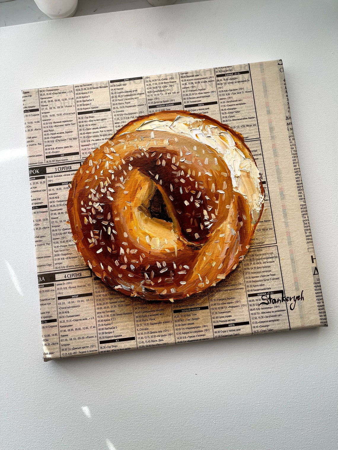 Bagel Painting Food Painting Newspaper Art Breakfast Painting Bread ...