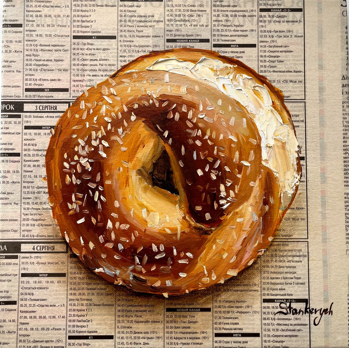 Bagel Painting Food Painting Newspaper Art Breakfast Painting Bread ...