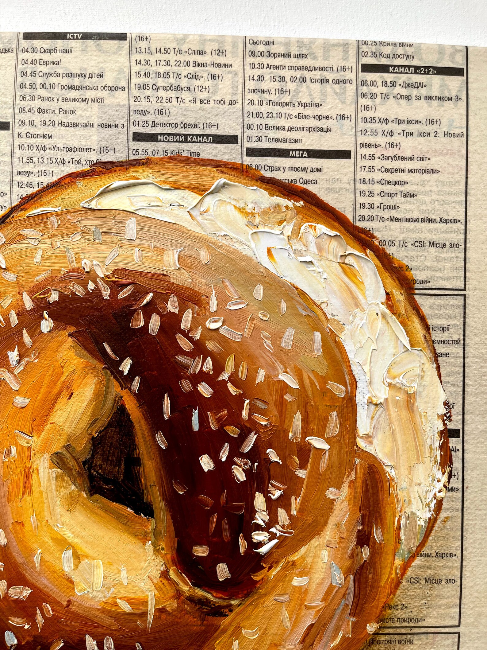 Bagel Painting Food Painting Newspaper Art Breakfast Painting Bread ...