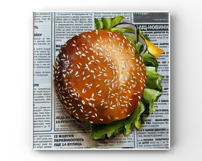 Burger Art Newspaper Art Food Painting Original Oil Painting Cheese ...