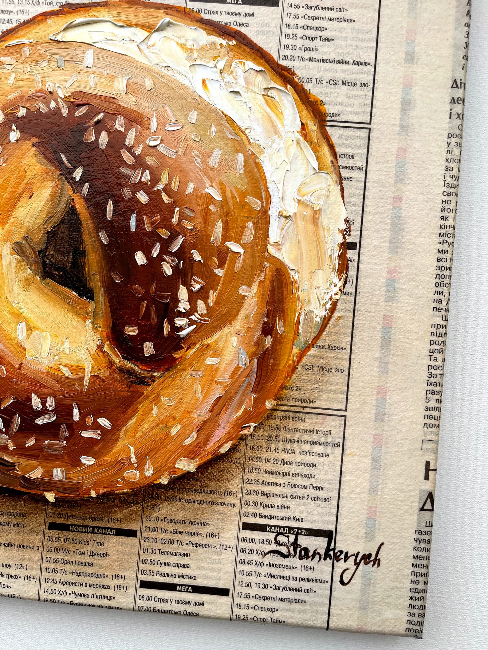 Bagel Painting Food Painting Newspaper Art Breakfast Painting - Etsy