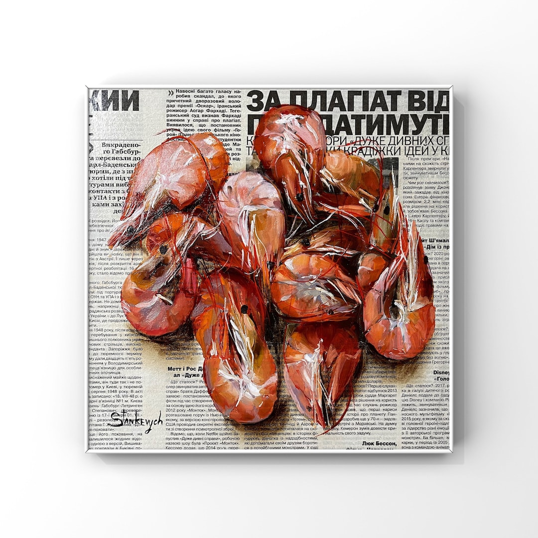 Shrimps Art Seafood Art Food Painting Original Oil Art Newspaper Art ...