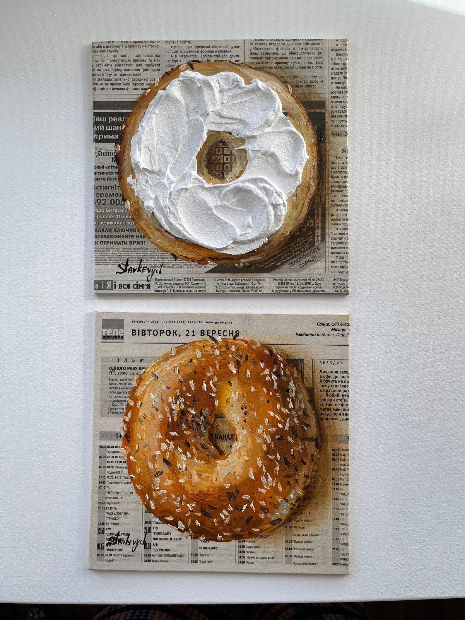 Bagel Painting Impasto Painting Food Painting Newspaper Art Breakfast ...