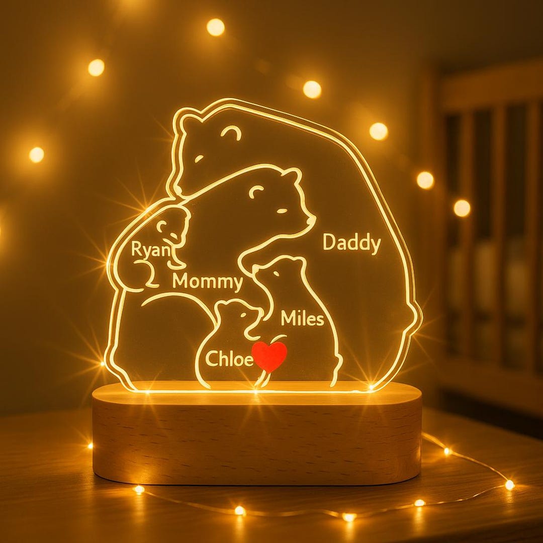 Personalized Family Bears Name Night Light | Custom Bedroom LED Wood ...