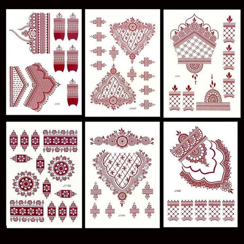 Instant Henna Tattoo Sticker Waterproof Red Fake Mehendi Sticker ...