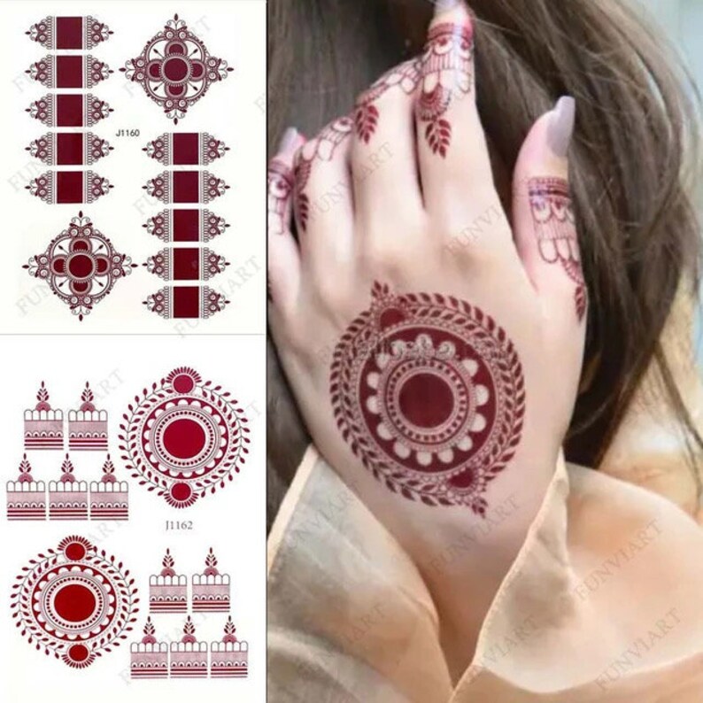 Instant Henna Tattoo Sticker Waterproof Red Fake Mehendi Sticker ...