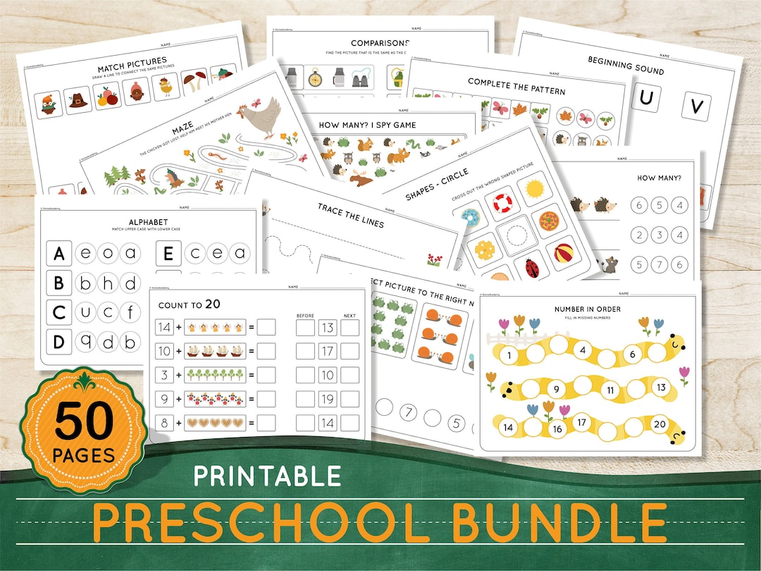 50 Printable Worksheets BUNDLE Alphabet, Shapes, Math and Other Fun ...
