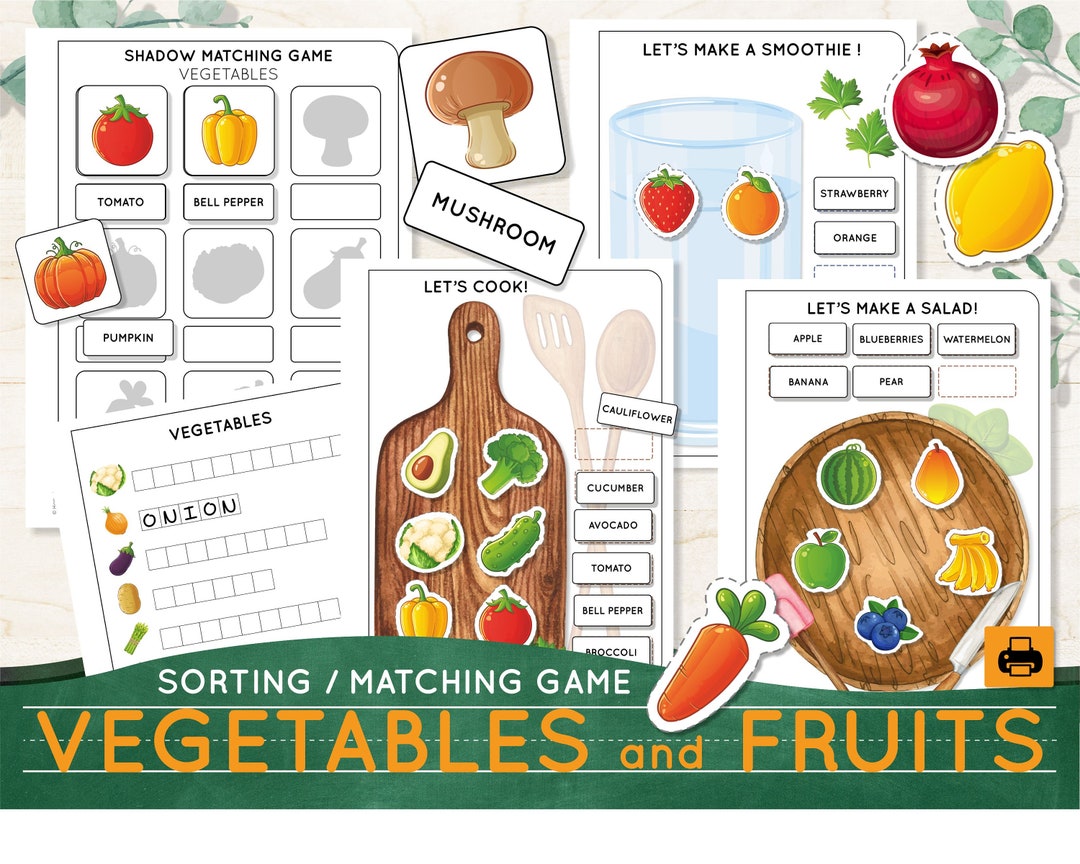 VEGETABLES and FRUITS Matching Game Preschool Worksheets Printable ...