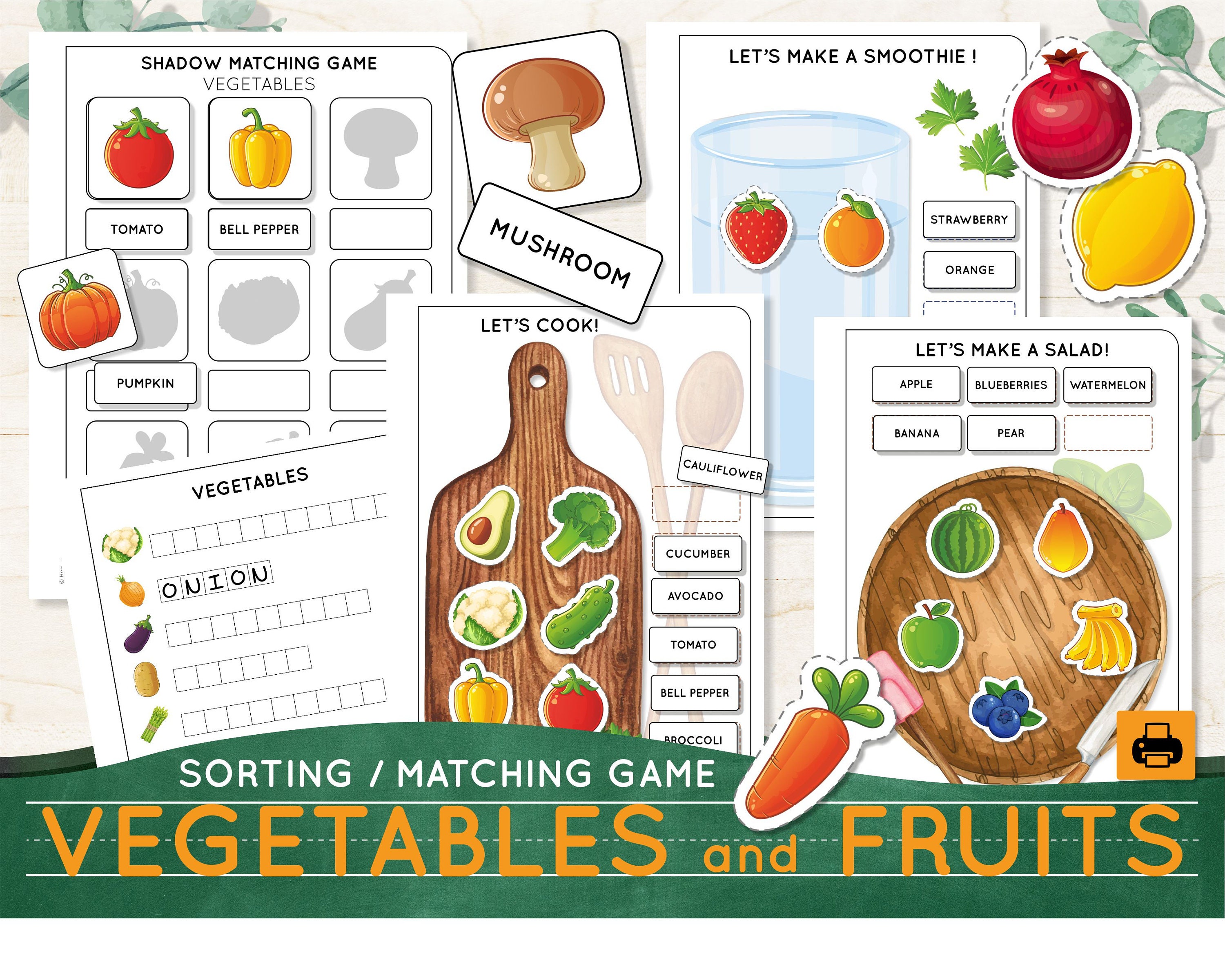 VEGETABLES and FRUITS Matching Game Preschool Worksheets - Etsy