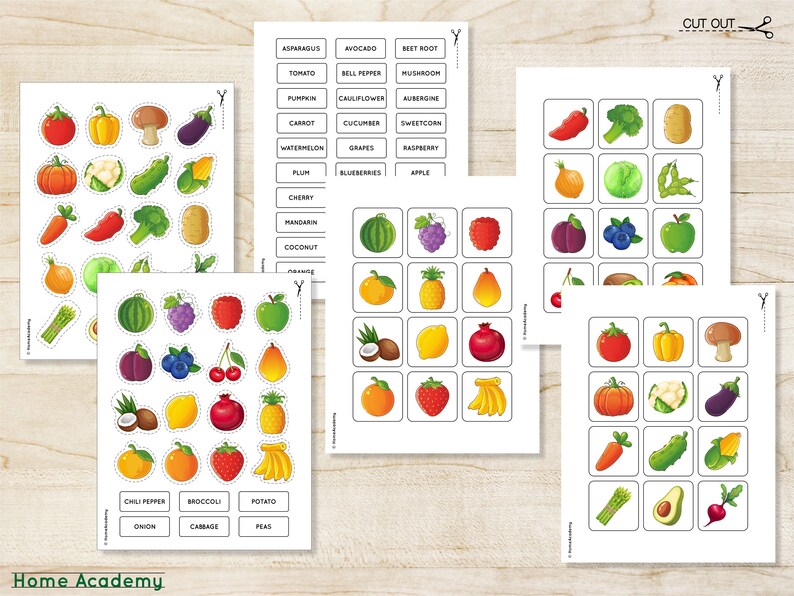 VEGETABLES and FRUITS Matching Game Preschool Worksheets - Etsy