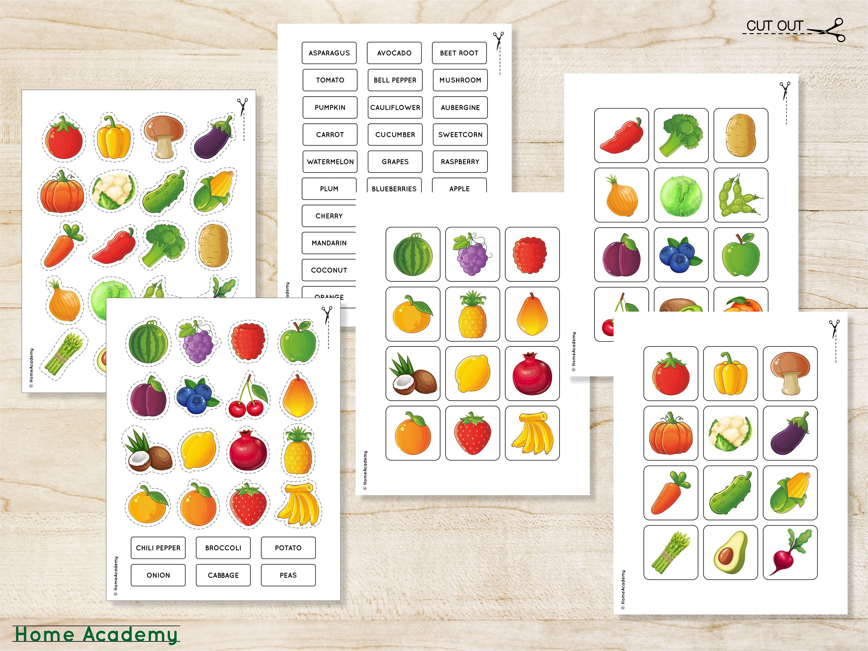 VEGETABLES and FRUITS Matching Game Preschool Worksheets - Etsy