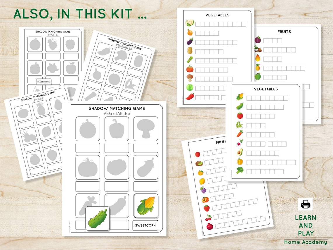 VEGETABLES and FRUITS Matching Game Preschool Worksheets - Etsy