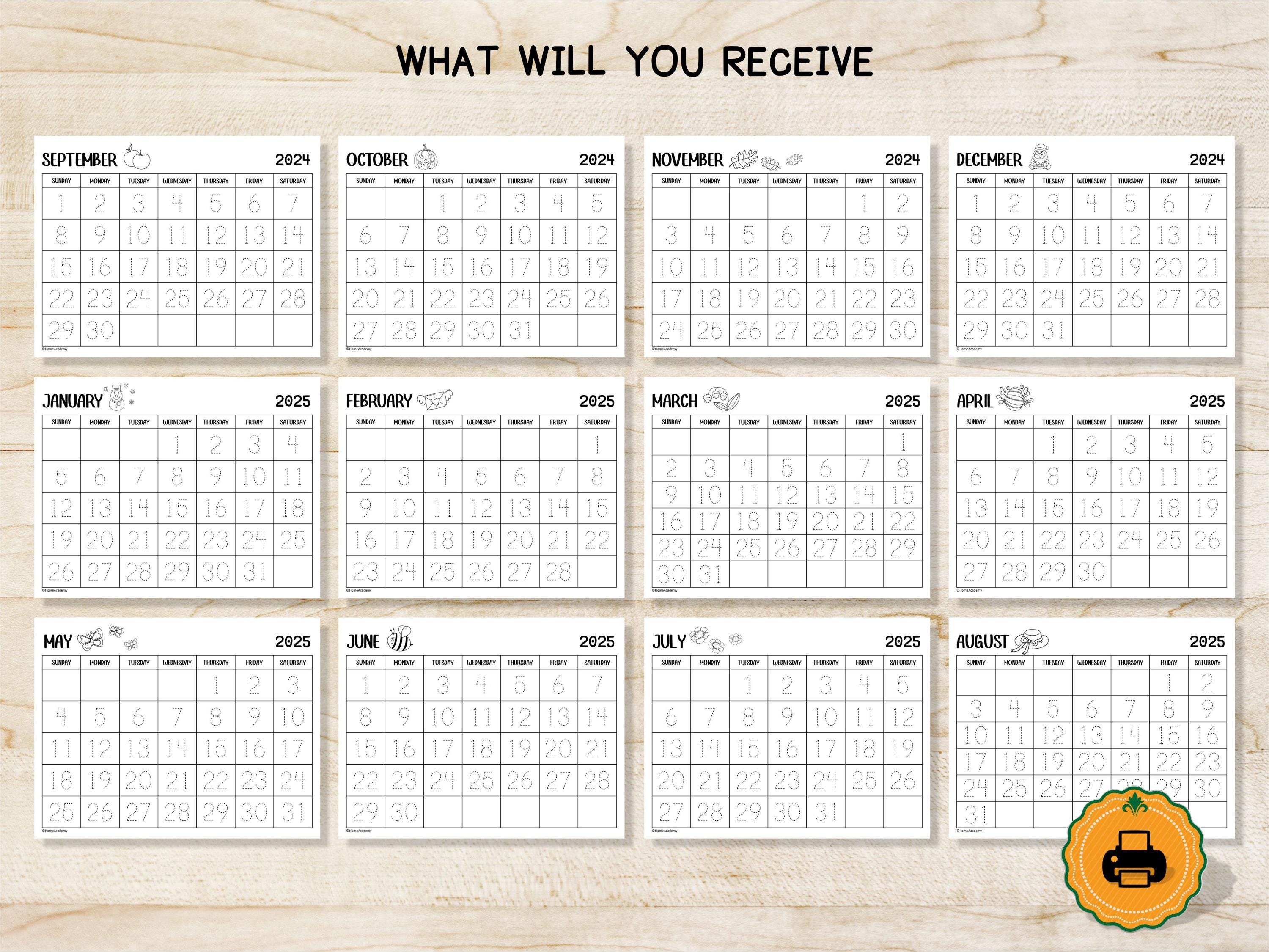 Printable CALENDAR 2024-2025 Traceable Calendar Homeschool Morning ...