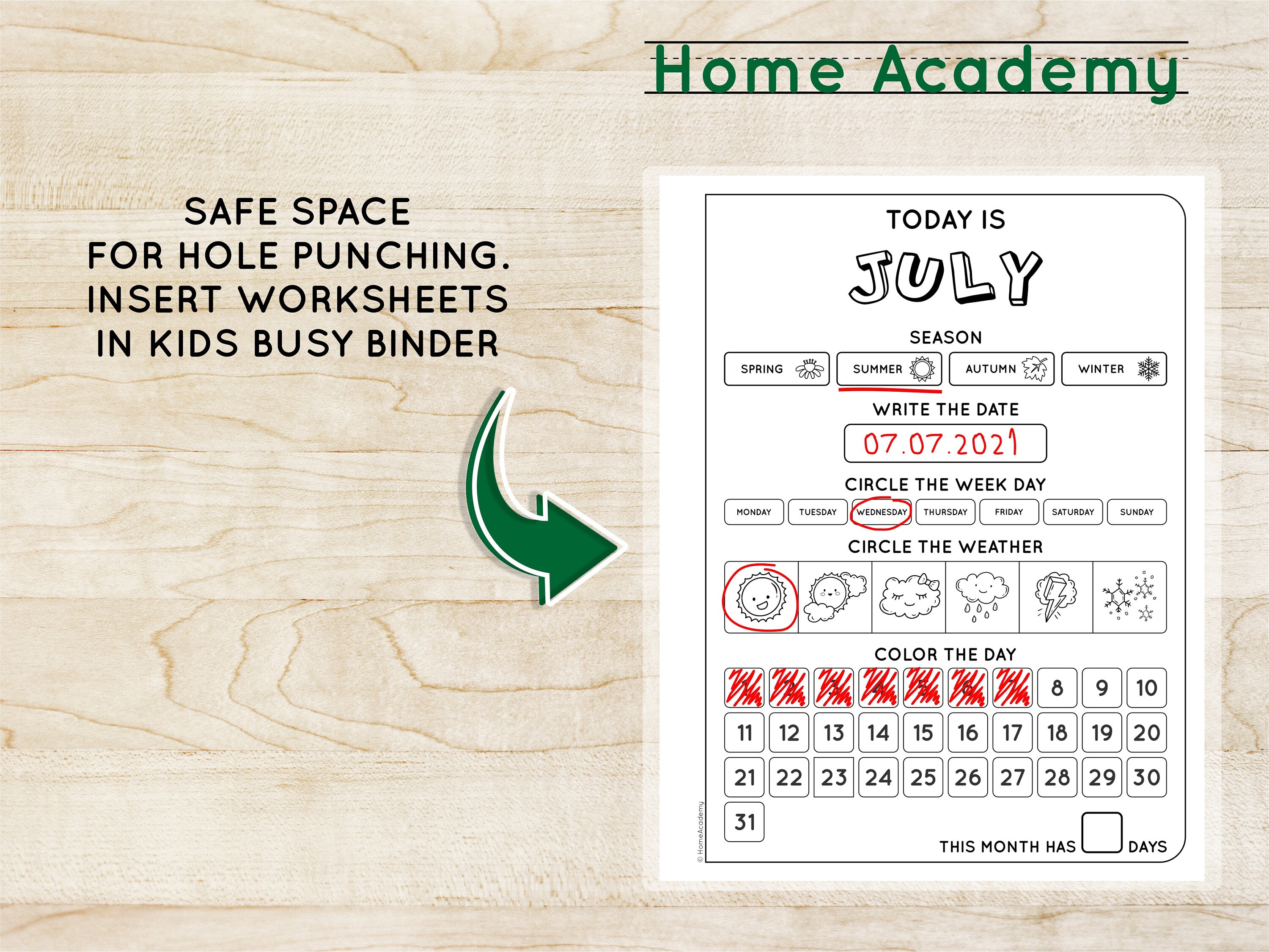 Perpetual Calendar Printable Worksheets for Kids Season/weekday/day ...