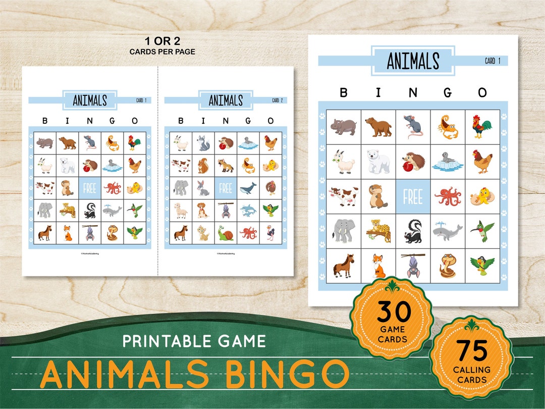 Printable BINGO Game for Kids ANIMALS 30 Bingo Cards & 75 Calling Cards ...