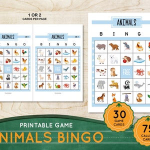 Printable BINGO Game for Kids ANIMALS 30 Bingo Cards & 75 Calling Cards ...