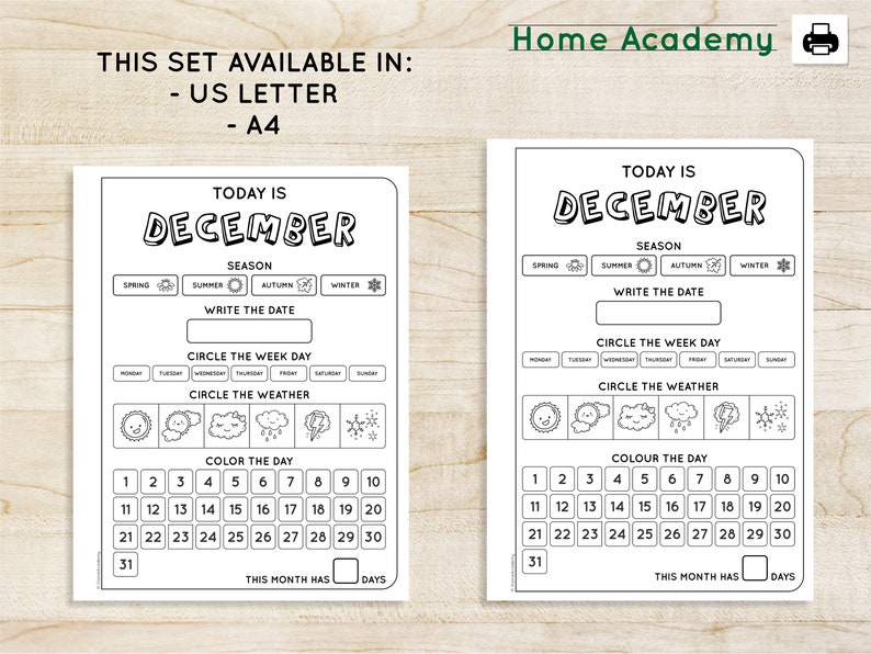 Perpetual Calendar Printable Worksheets for Kids Season/weekday/day ...