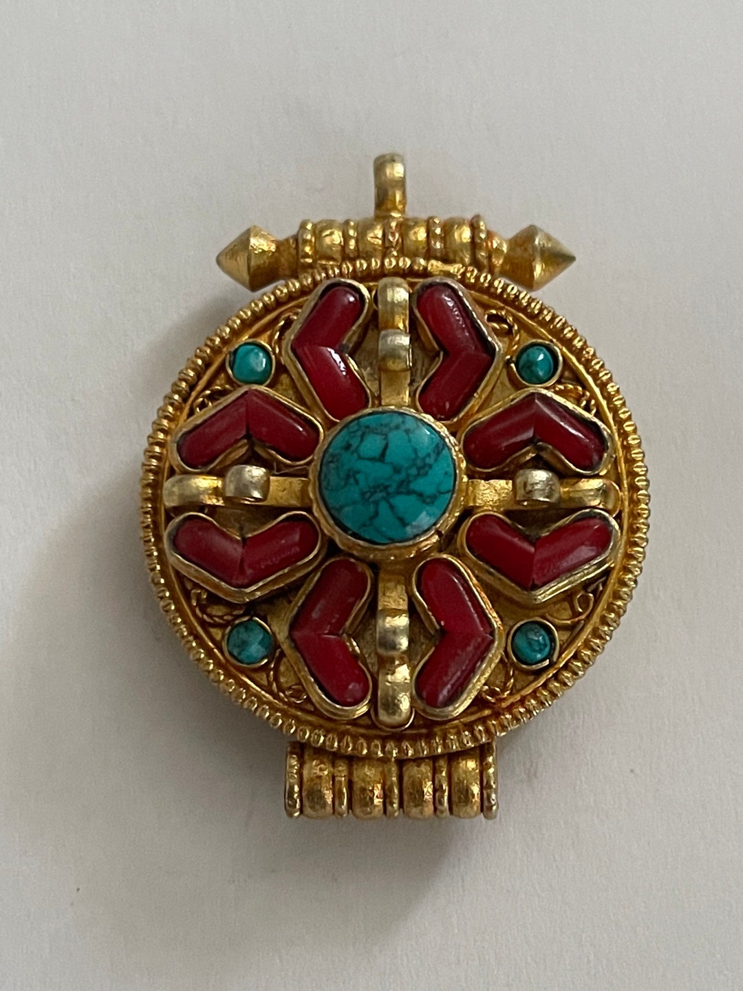 Handmade Gold-plated Prayer Box Pendant: Coral & Turquoise, Nepal - Etsy