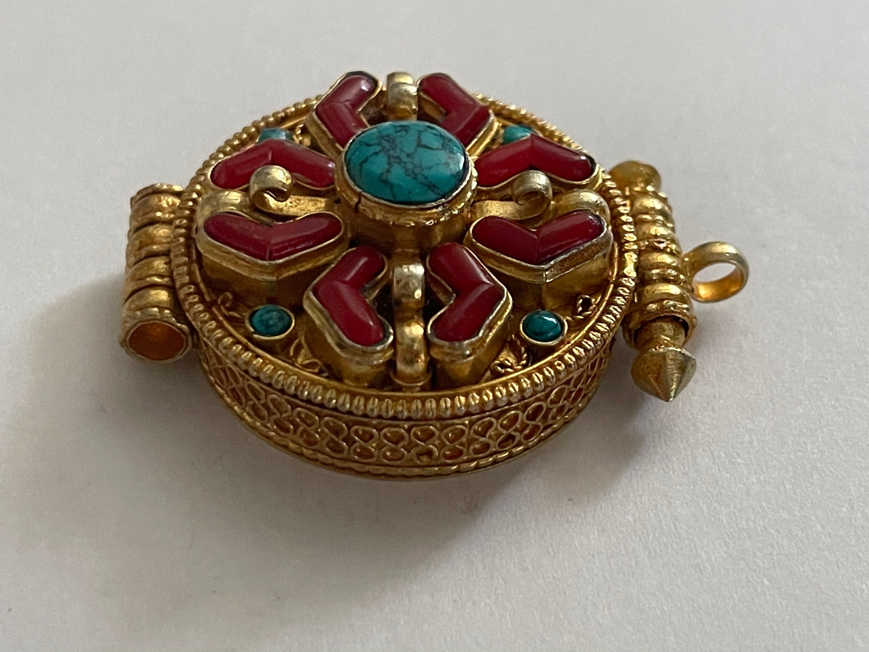 Handmade Gold-plated Prayer Box Pendant: Coral & Turquoise, Nepal - Etsy