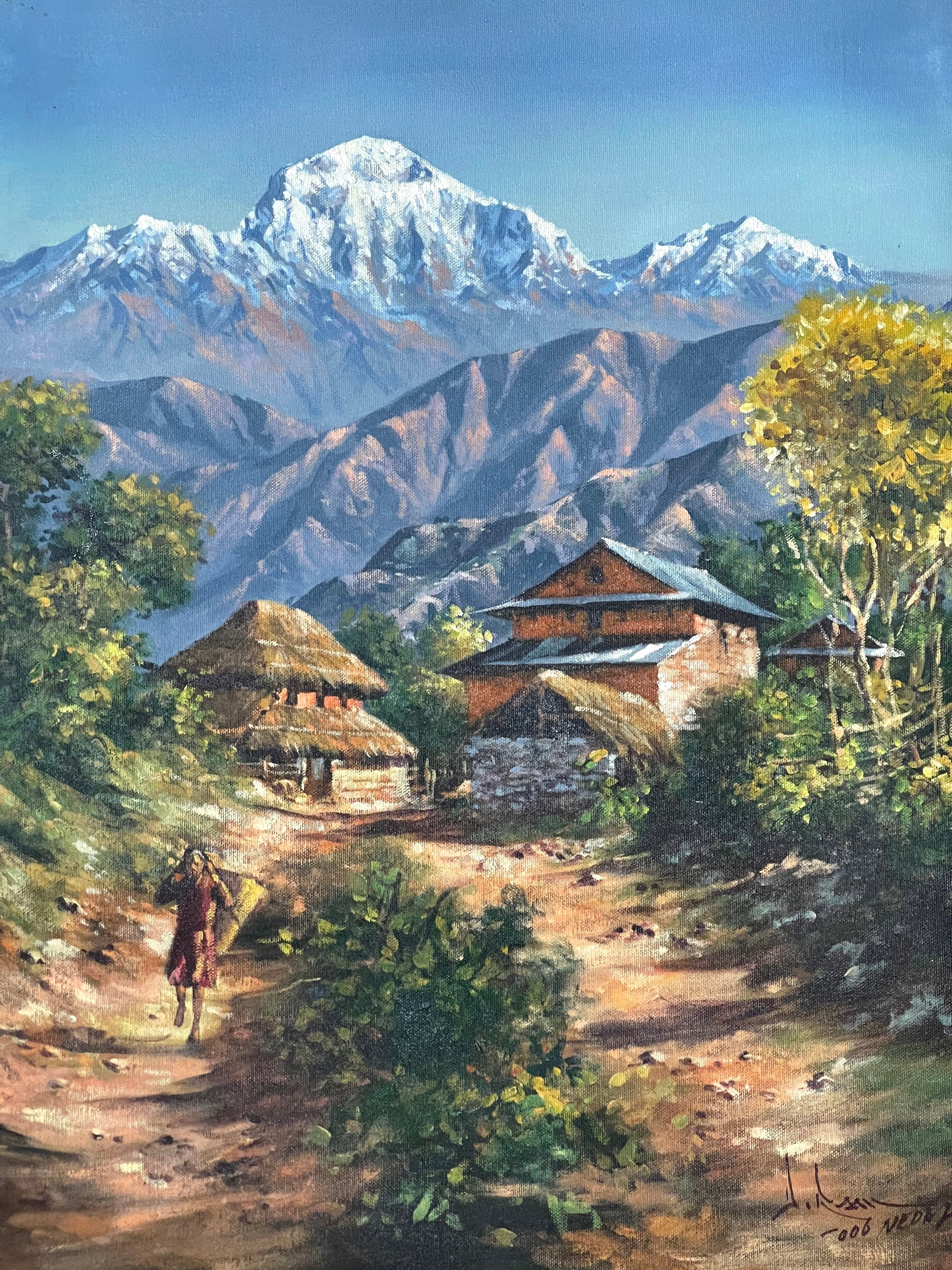 Stunning Hand-painted Acrylic Painting of Mount Dhaulagiri & Village ...