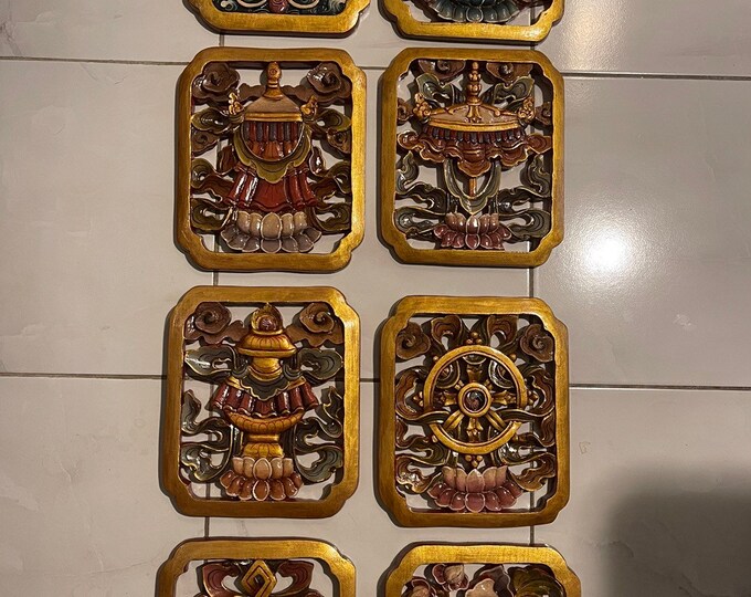 Beautiful Handcarved Wooden Eight Auspicious Buddhist (tibetan) Good ...