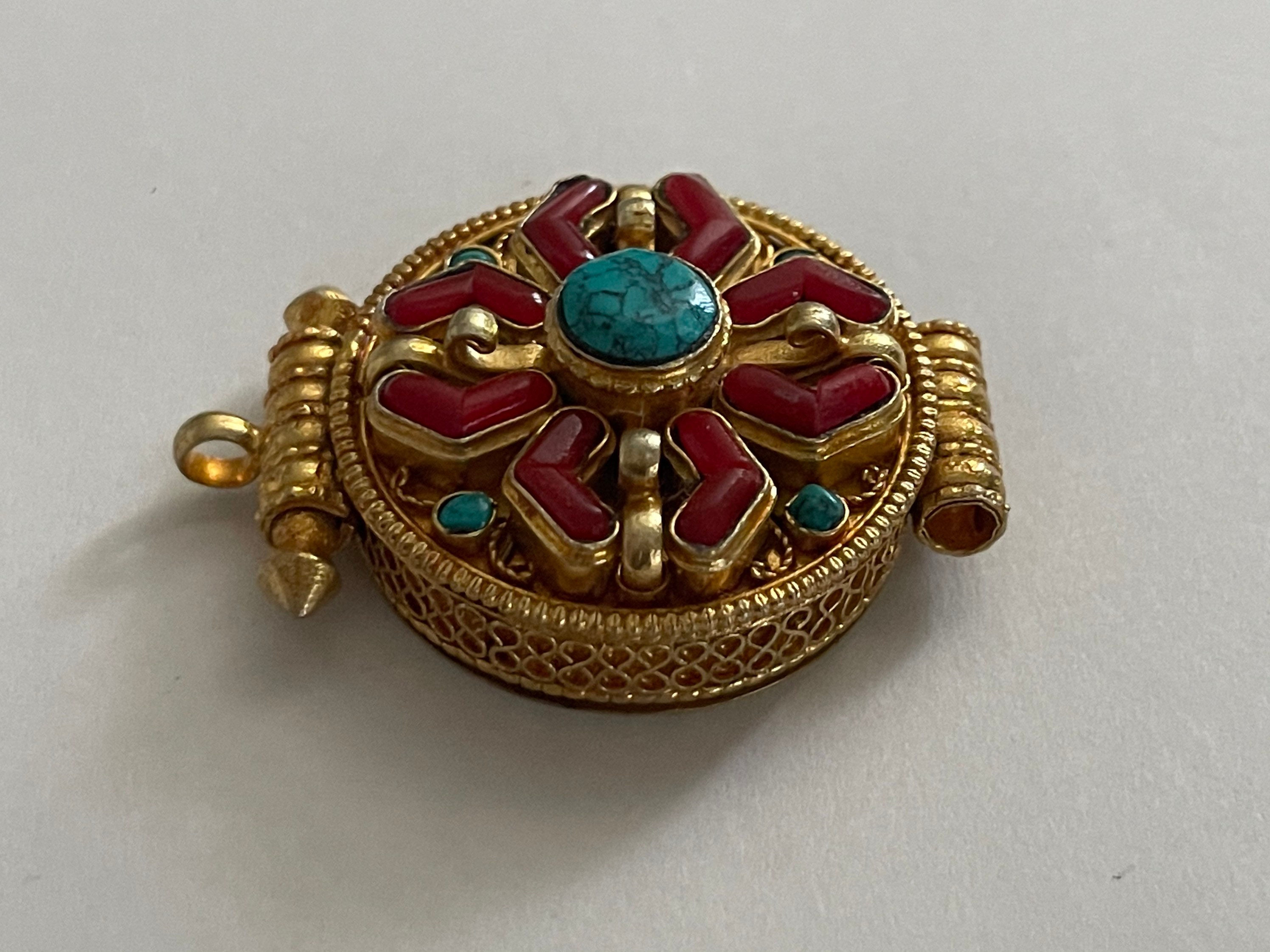 Handmade Gold-plated Prayer Box Pendant: Coral & Turquoise, Nepal - Etsy