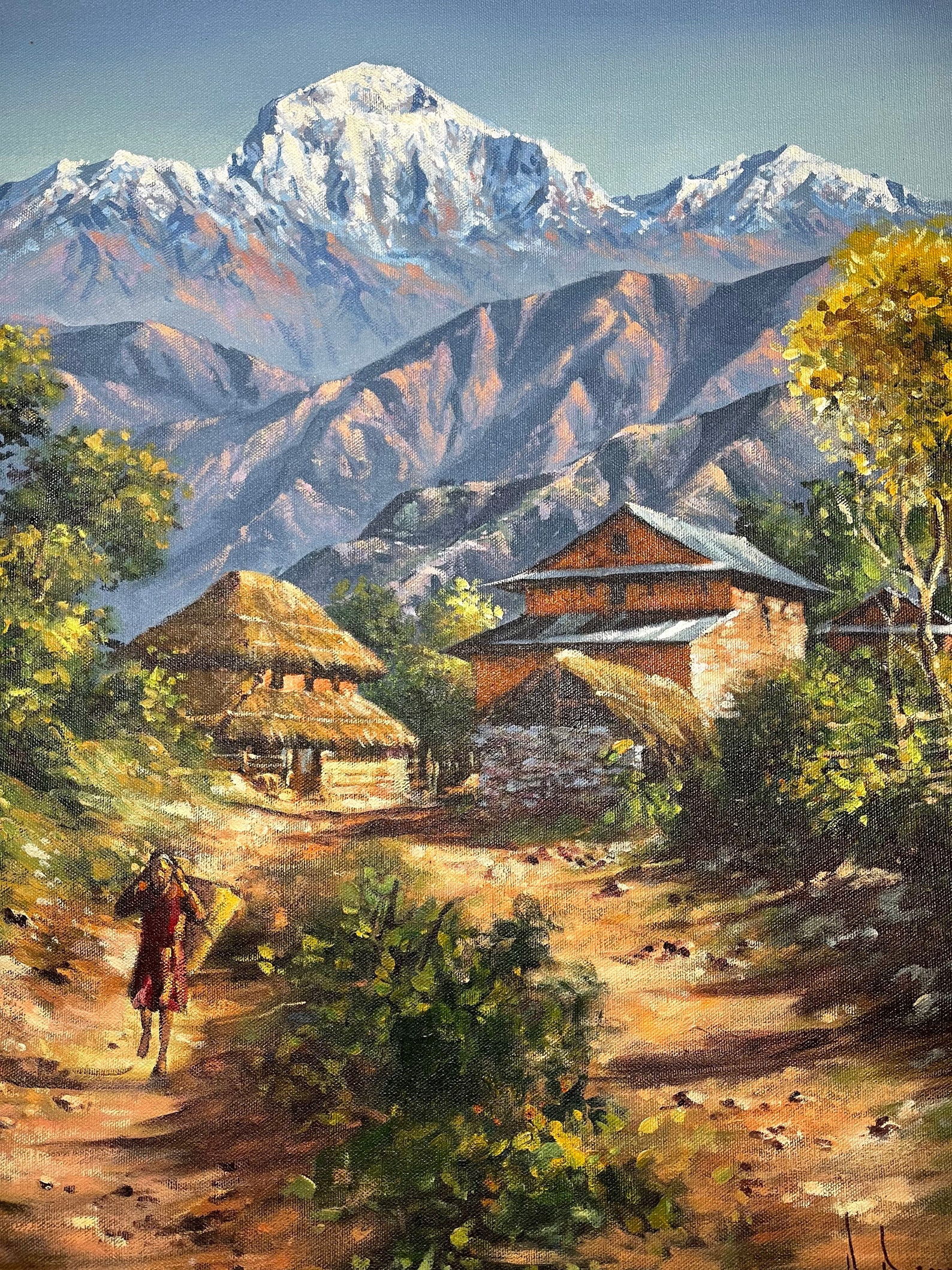 Stunning Hand-painted Acrylic Painting of Mount Dhaulagiri & Village ...