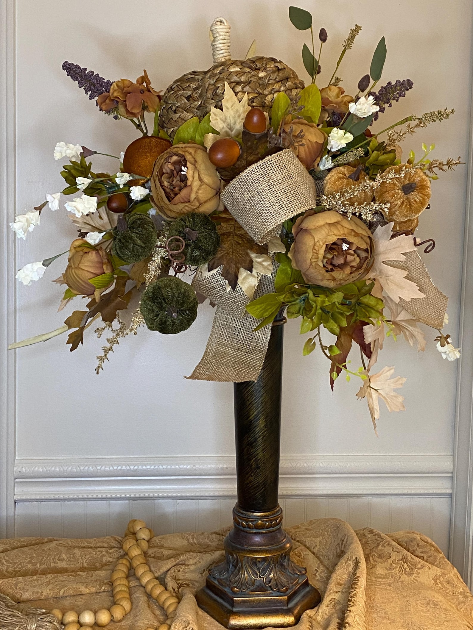 Fall Candlestick Floral Arrangement – Rustic Autumn Centerpiece for ...