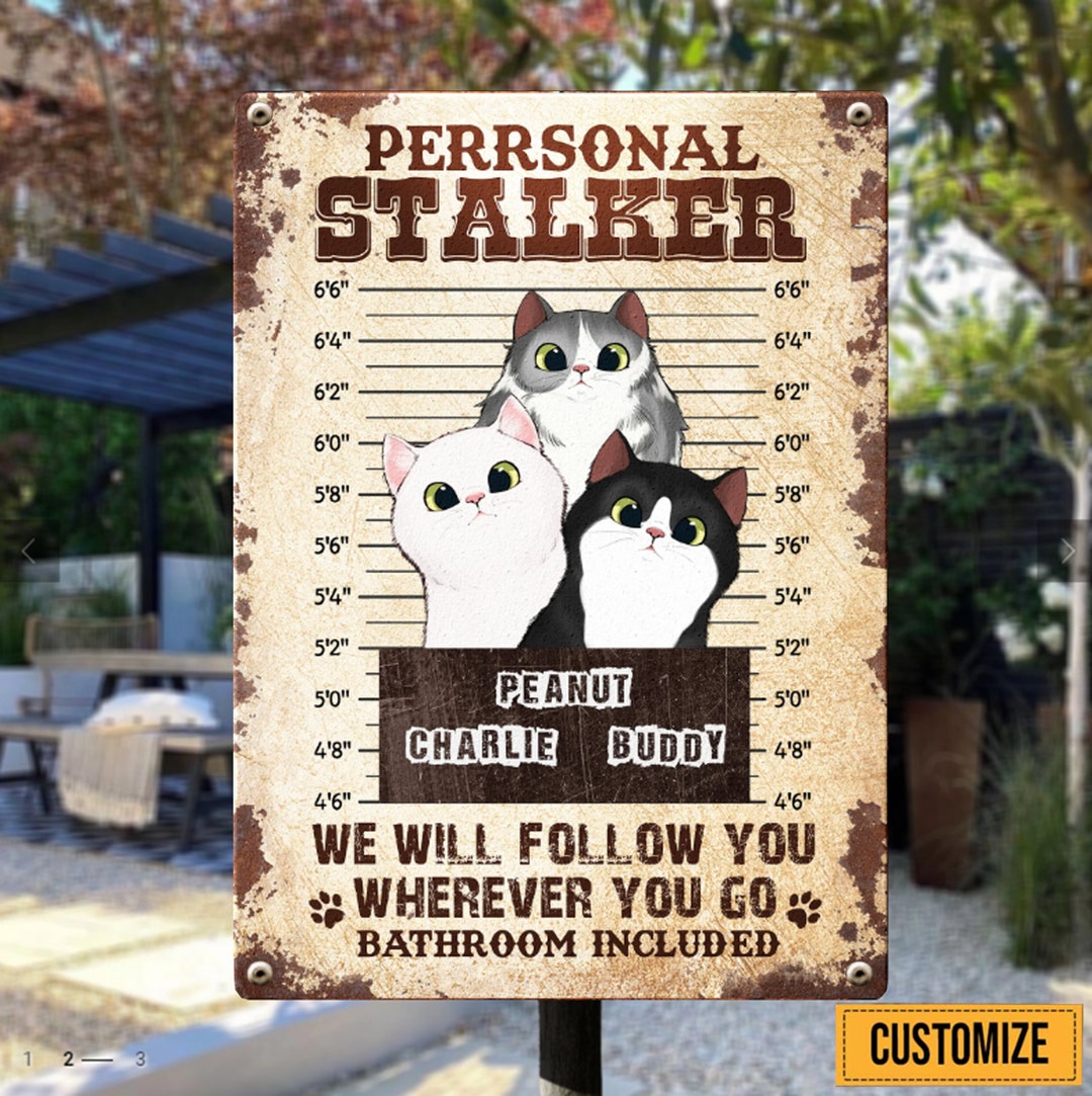 Personal Stalker, Funny Cat Welcome Sign, Personalized Cats Metal Sign ...