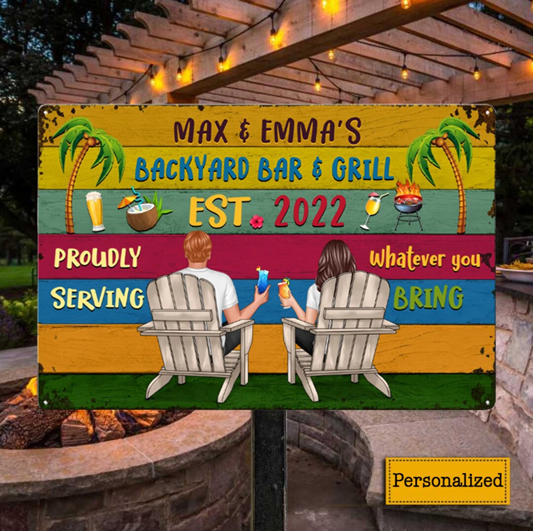 Bar Sign Backyard Bar & Grill, Camping Couple Sign, Family Metal Sign ...