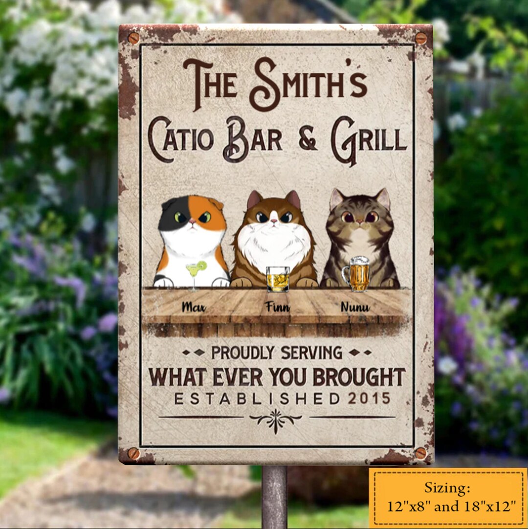 Backyard Bar & Grill, Personalized Cat Metal Sign, Funny Cat Metal Sign ...