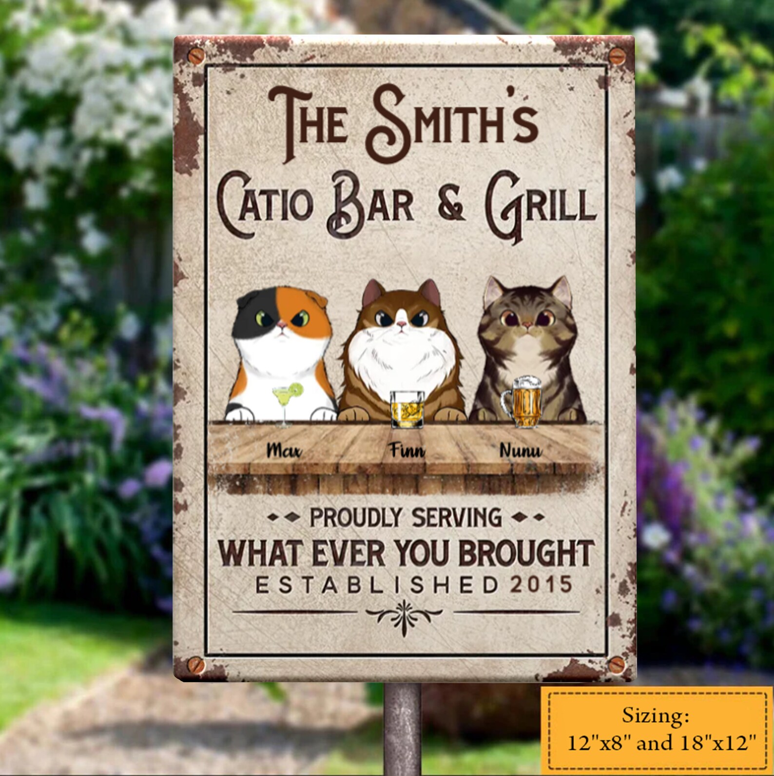 Backyard Bar & Grill, Personalized Funny Cat Metal Yard Sign, Pet ...