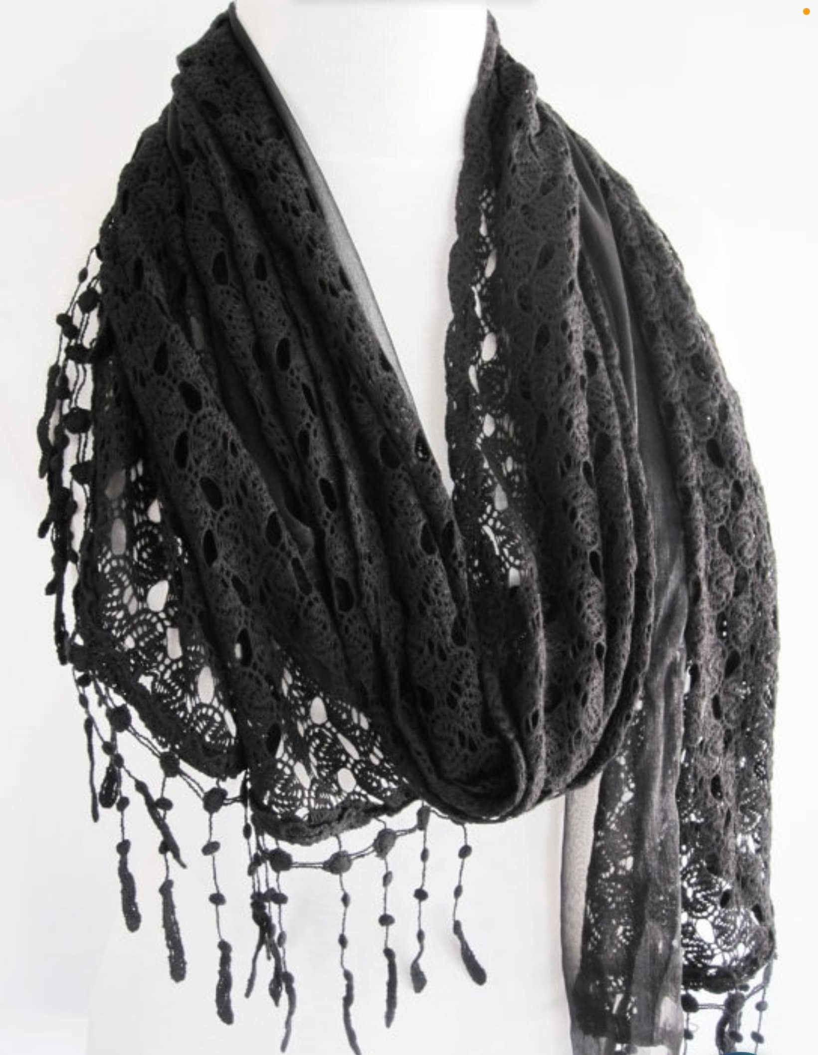 Elegance Black Tulle and Lace Fringed Scarf, Women Fashion, Gift for ...