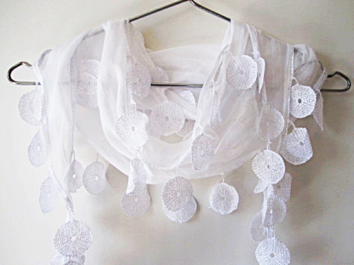 White Cotton Handmade Triangle Scarf With Lace Pom Pom Edge - Etsy