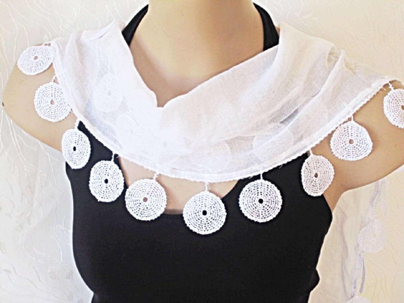 White Cotton Handmade Triangle Scarf With Lace Pom Pom Edge - Etsy