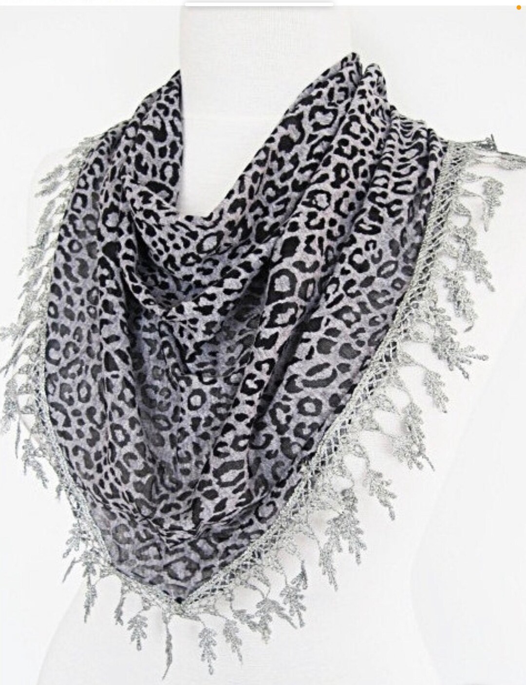 Gray Leopard Pattern Triangle Cotton Scarf, Lace Trim Chic Scarf, Cowl ...