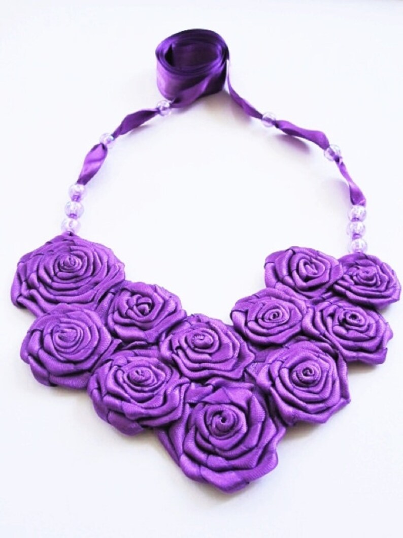 Purple Ribbon Roses Bib Neckless, Bridal Necklace, Bridesmaid Necklace ...